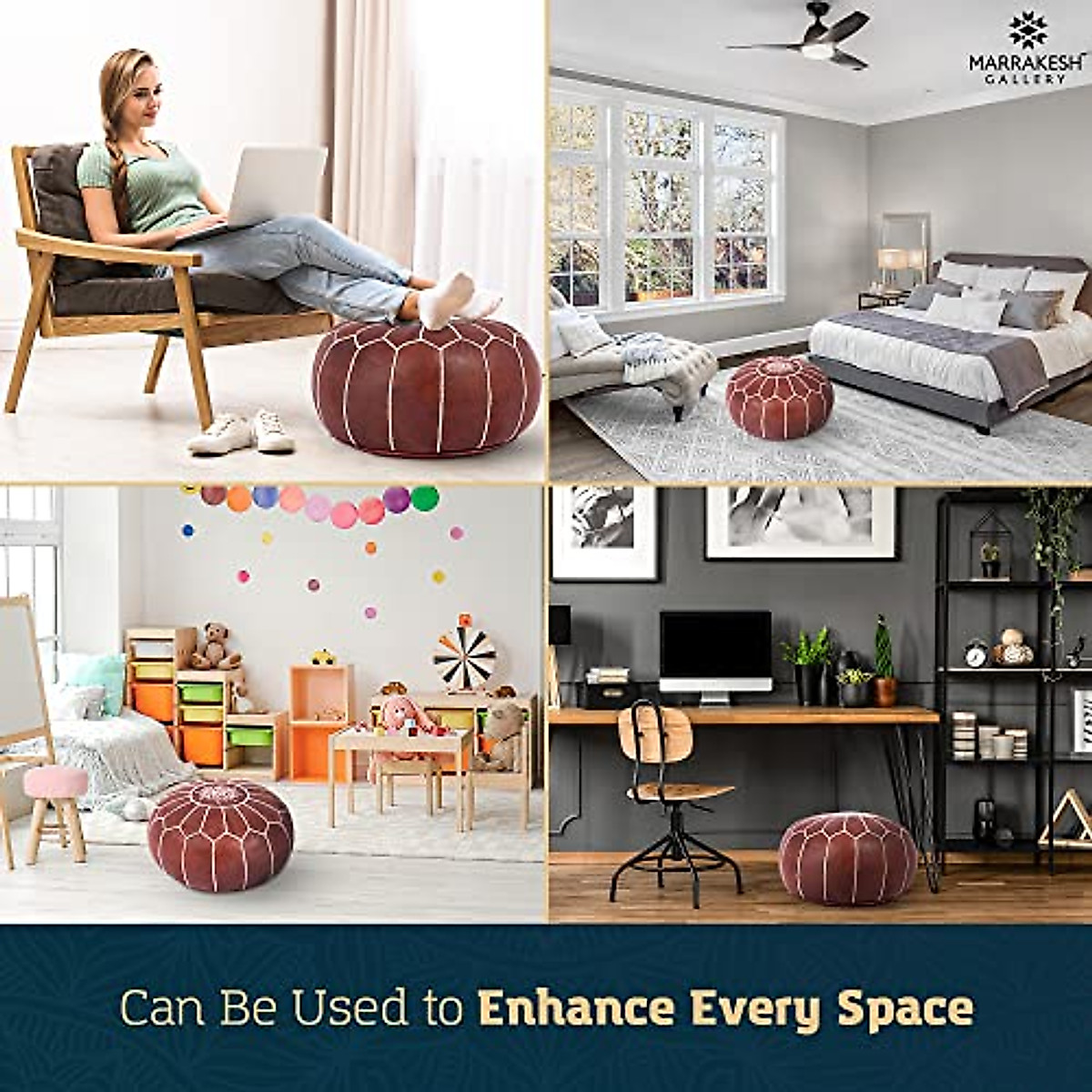 Marrakesh Gallery Genuine Leather Pouf Unstuffed - Moroccan Ottoman Footstool, Footrest Cover - Boho Decor - Bohemian Living Room, Bedroom, Kids Room, Gift & Wedding (Dark Brown)