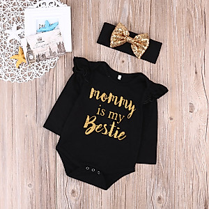 Newborn Baby Girls Clothes Floral “Mommy is My Bestie” Bodysuit Romper +Headband