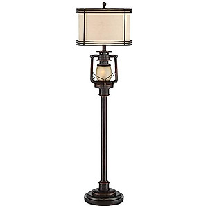Barnes and Ivy Henson Rustic Industrial Farmhouse Standing Floor Lamp with Night Light Glass 63" Tall Bronze Earthy Fabric Drum Shade Decor for Living Room Reading House Bedroom Home