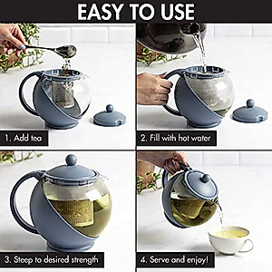 Primula Half Moon Teapot with Removable Infuser, Glass Tea Maker with Reusable Fine Mesh Stainless Steel Filter, Dishwasher Safe, 40-Ounce, Blue