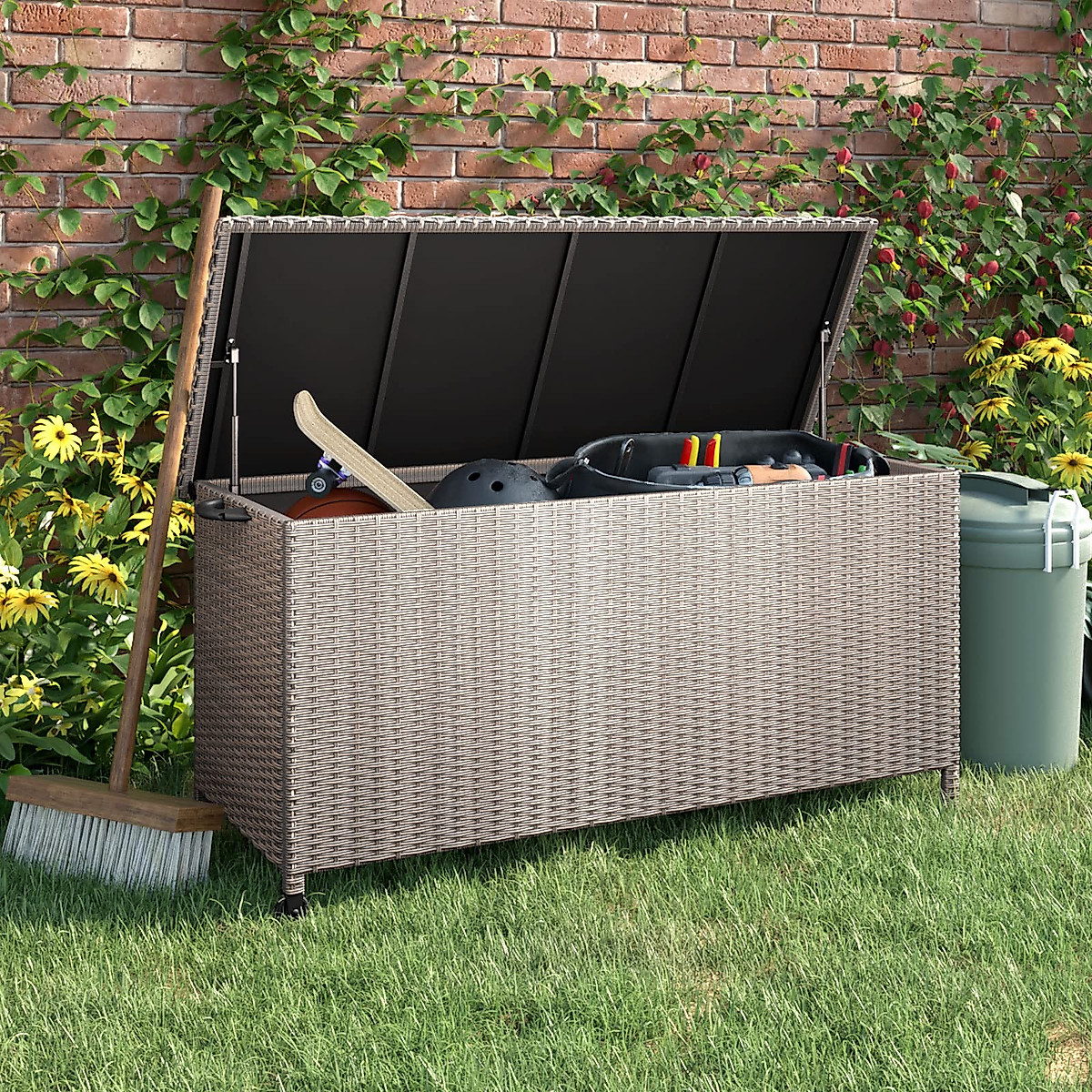 Grand patio 108 Gallon Deck Storage Box Indoor Outdoor Wicker Bin for Patio Furniture Cushions Toys Garden Tools Pool Accessories, Greige