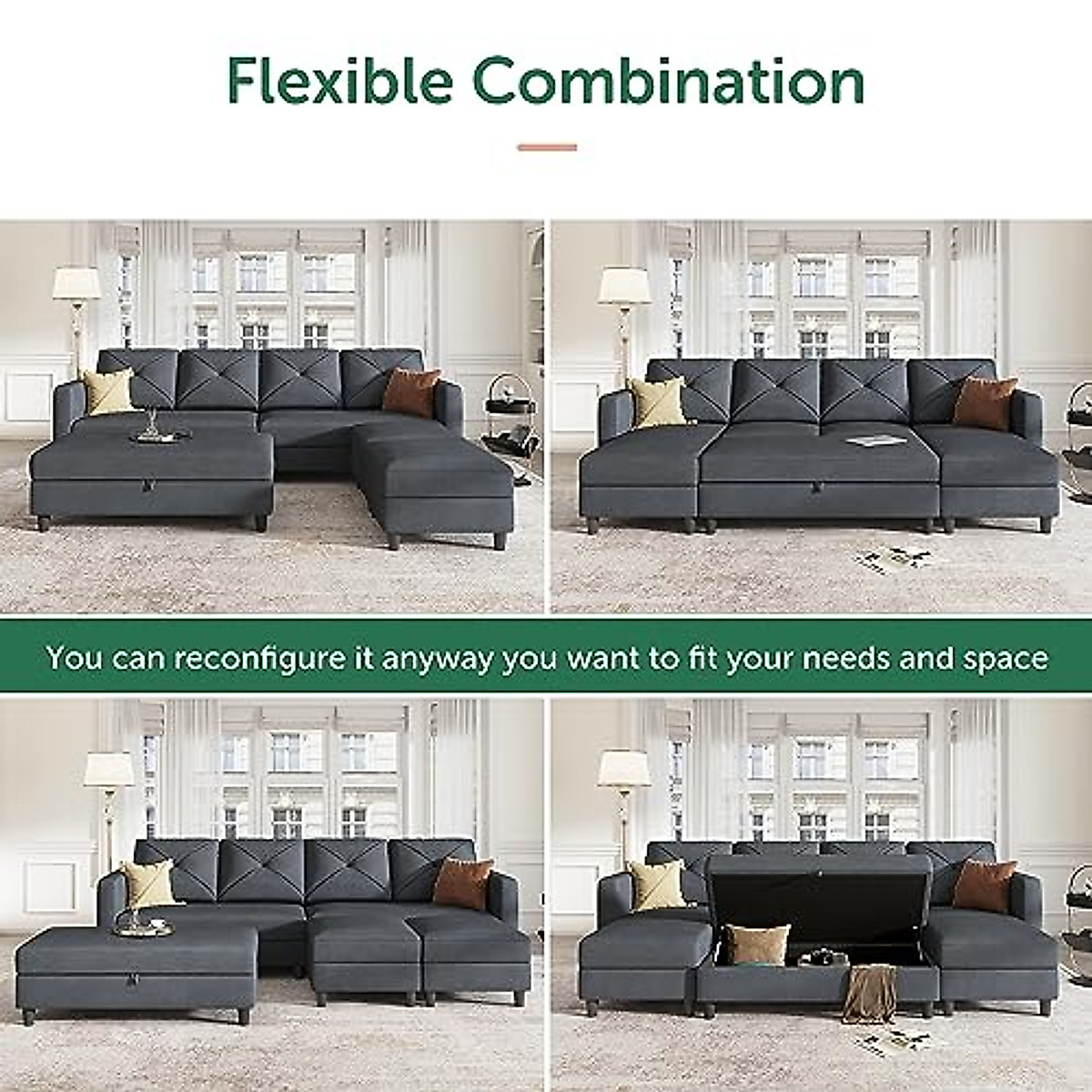 HONBAY Sectional Sleeper Sofa U Shaped Couch with Storage Ottoman for Living Room, Bluish Grey