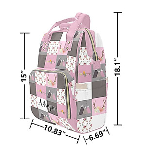 Liveweike Pink Grey Floral Deer Patchwork Personalized Diaper Bag Backpack Custom Name Daypack Large Mommy Bags for Teen Girl Boy Student