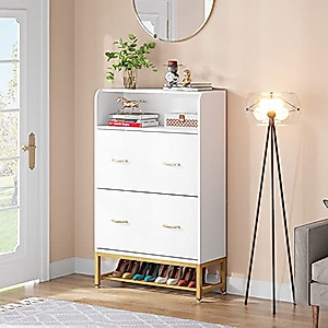 TIYASE Shoe Cabinet with 2 Flip Drawers, Modern Tipping Bucket Shoe Storage Cabinet for Entryway, 28 Pairs Free Standing Shoe Rack Organizer with Shelves,White