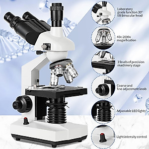 40X-2000X Compound monocular Microscope with Microscope Slide Set, Cell Phone Adapter, Dual LED Illumination Powerful School Home Education biomicroscope， 2MP USB Camera