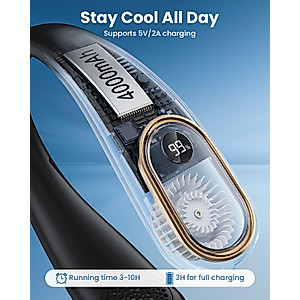 SHEWIND Portable Neck Fan - Bladeless LED Displayed Personal Fans 4000mAh 10W Fast Rechargeable - Wearable 3 Speeds Cooler Birthday Gift for Men Women Outdoor Travel (Black)