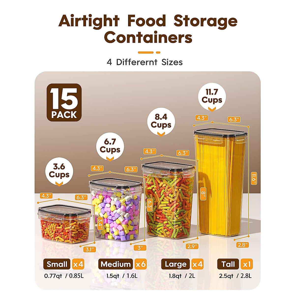 KEMETHY 15 Pack Airtight Food Storage Containers with Lids, Kitchen Pantry Organizers and Storage, BPA-Free Plastic Food Canisters for Cereal, Flour, Sugar, Pasta, Dry Food, Include Labels & Marker