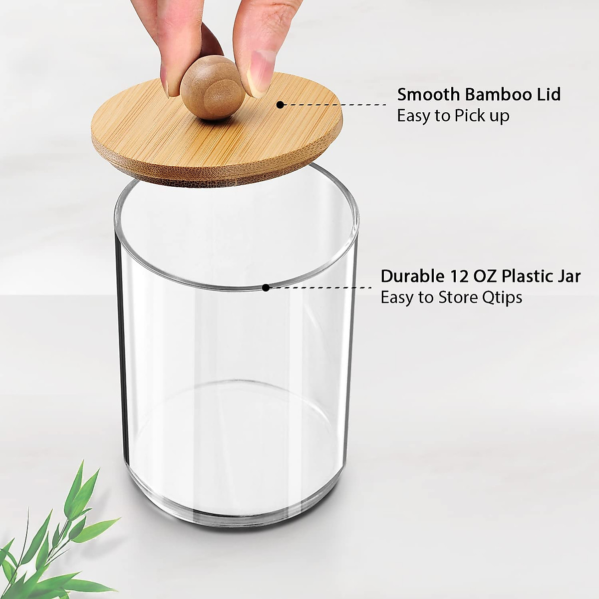 Amolliar Qtip Dispenser Apothecary Jars with Bamboo Lids - 12 oz Clear Plastic Vanity Makeup Organizer Storage Canister - Bathroom Accessories for Q-Tips, Cotton Swab, Cotton Ball, Floss (2)