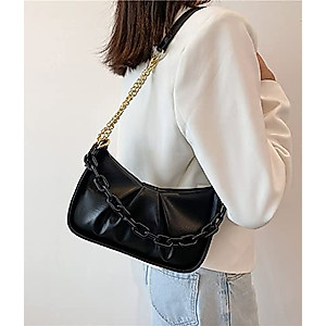 QZUnique Shoulder Bag Vegan Leather Ruched Purse for Women Trendy Handbag Retro Chain Clutch Hobo Tote Bag