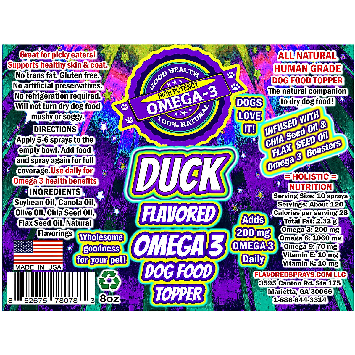 Flavored Sprays Bacon and Duck Flavored Omega 3 Spray. Made in The USA. All Natural Ingredients