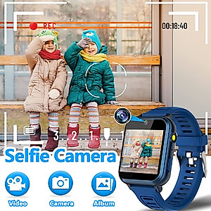OVV Kids Smart Watch with 16 Puzzle Game for Boys Girls Ages 4-12 Selfie Camera Video Recorder Music Player Pedometer Flashlight 12/24 Hr Clock 1.54" Touch Screen Children Aluminum Case (1.Blue)