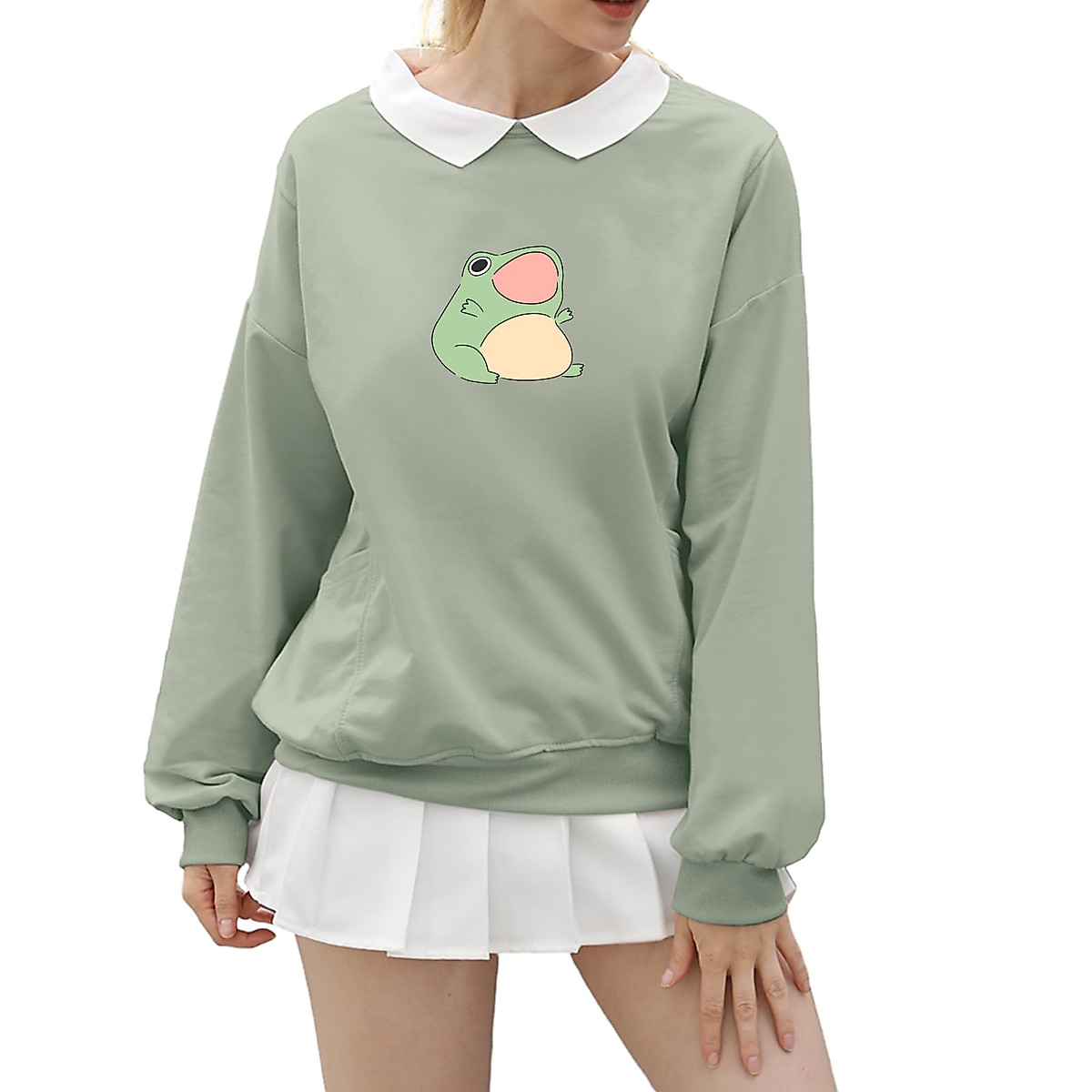 KIEKIECOO Cute Aesthetic Frog Sweatshirt for Teen Girls Kawaii Cartoon Graphic Hoodie Womens Preppy Cotton Pullover Sweaters(Green,Large)