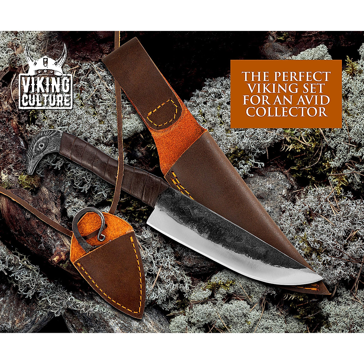 Viking Culture Ox Horn Mug, Shot Glass, and Bottle Opener (3 Pc. Set) Authentic 16-oz. Ale Intricate Design Wolf/Fenrir + 2-Piece Viking Knife Set - Raven-Head Viking Knife