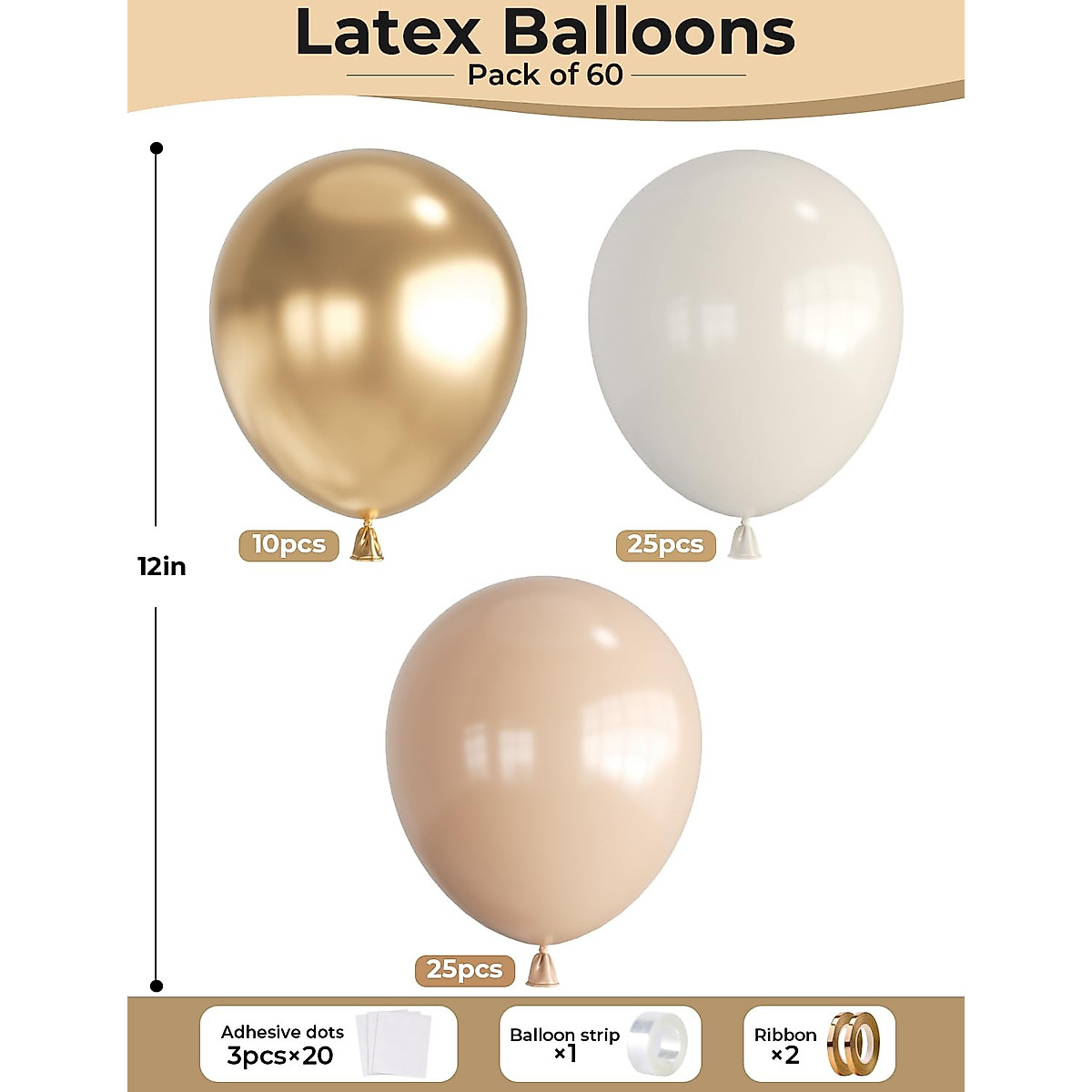 White Sand Gold Balloons,12 Inch 60pcs Beige Nude Balloons with Gold Latex Balloons,Nude Beige Cream Neutral Balloons for Graduation Birthday Boho Baby Shower Mother's Day Wedding