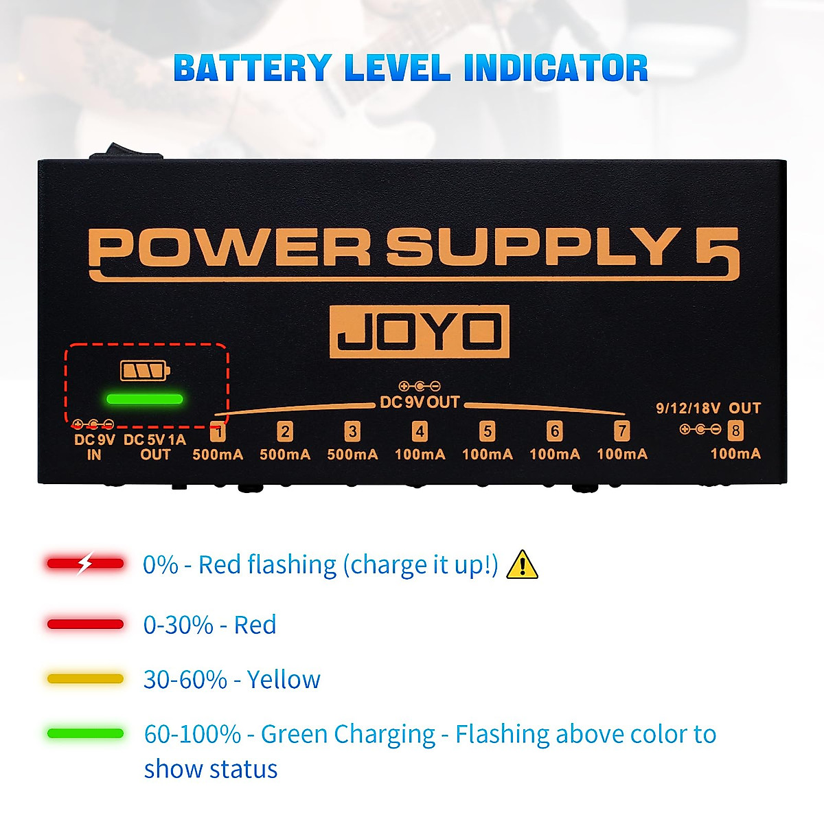 JOYO Built-in 4400mAh Rechargeable Battery Guitar Effect Pedal Power Supply 8 Outputs 9V 12V 18V (100mA, 500mA) Jacks & 5V/1A USB Port (JP-05)