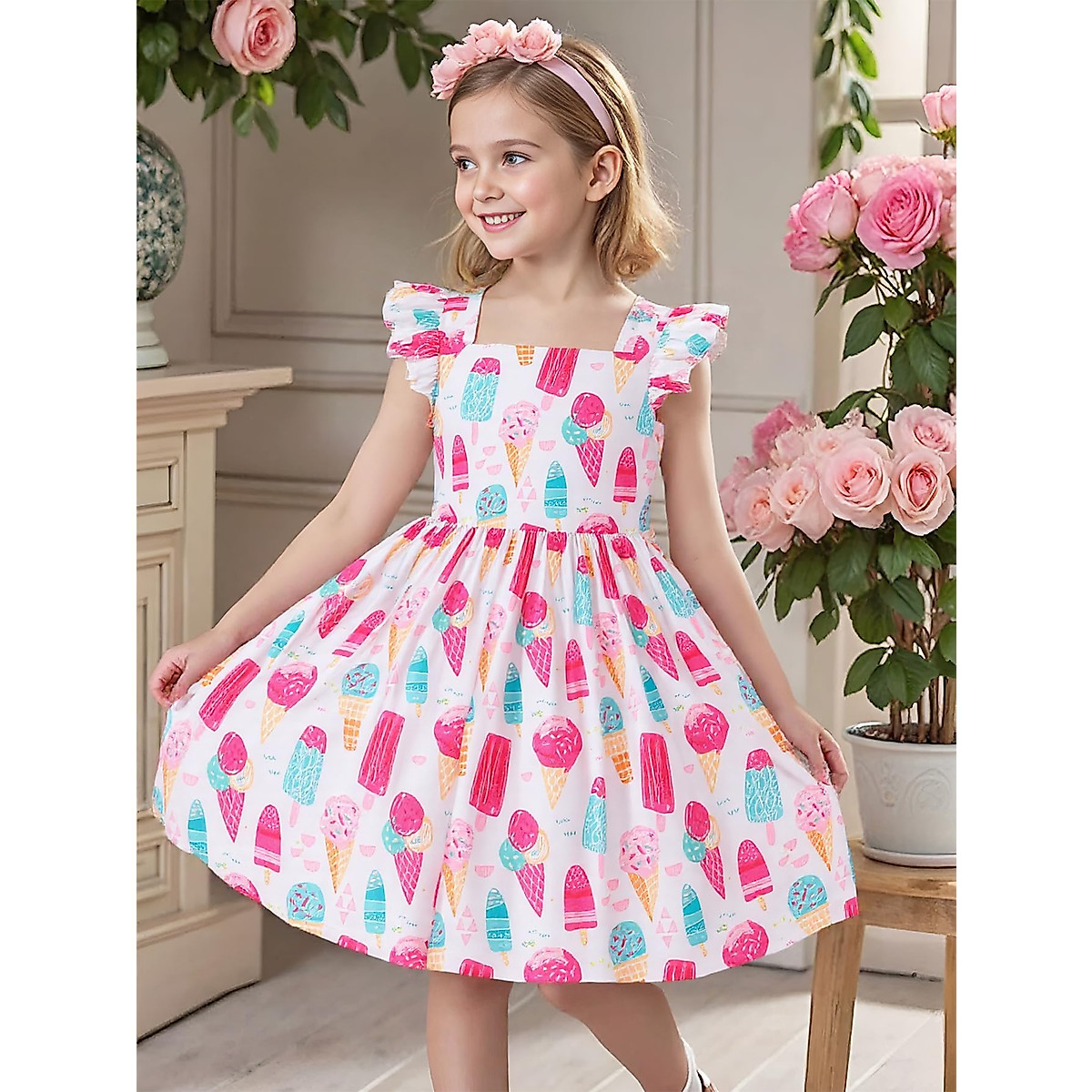 Girls Dresses Ice Cream Toddler Summer Dress White Flutter Sleeve Sundress School Party Outfits Kids Popsicle Tutu 3t / 2-3 Years