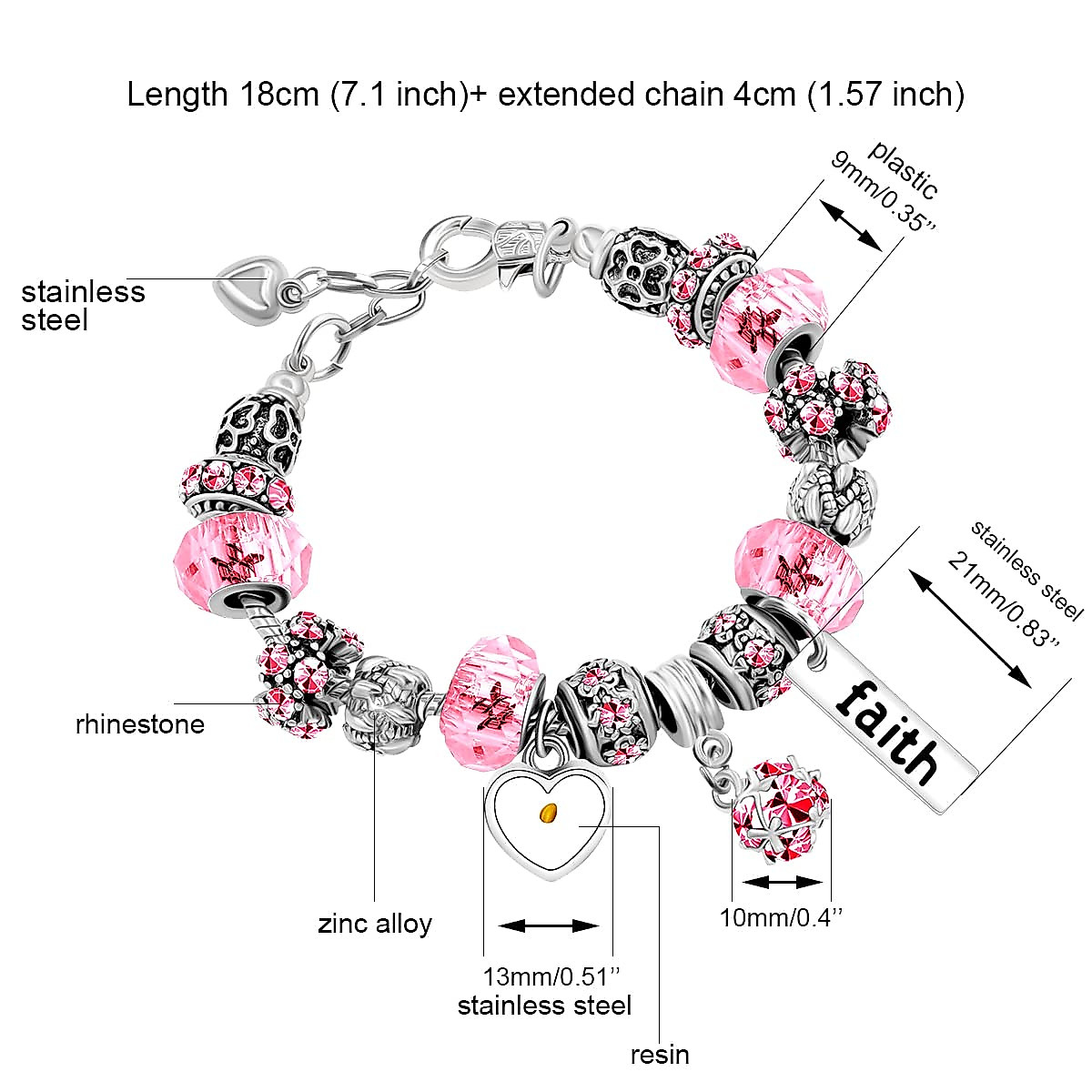 Silver Tone Crystal Murano Glass Beads Snake Chain Bracelet Faith Mustard Seed Charm Crystal Bracelets for Women Y1924 (pink)
