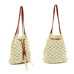 CLARA Women Summer Beach Bag Straw Weave Bucket Bag Drawstring Shoulder Bag Tote Bag Handbag Purse(Beige)