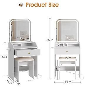 Small Makeup Vanity Desk with Mirror and LED Lights, White Little Girls Vanity Table with Drawer and Cushioned Stool Set Kids Dressing Table Set for Bedroom 3 Color Lighting with Adjustable Brightness