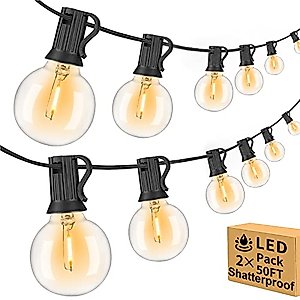 100ft 2-Pack Outdoor String Lights Waterproof with 52 LED Dimmable Shatterproof Bulbs, UL Approval Globe G40 String Lights 1W 2700K Outdoor Lighting for Patio Backyard Cafe Party Wedding Garden