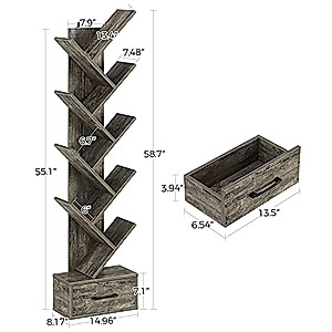 Rolanstar Bookshelf with Wooden Drawer, 9 Shelf Tree Bookshelf, Modern Book Storage, Free Standing Tree Bookcase, Utility Organizer Shelves for Home Office, Living Room, Bedroom, Grey