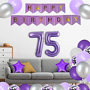 yujiaonly 75th Birthday Party Decorations Purple Happy Birthday Paper Banner Purple 40inch Number 75 Happy birthday Sash Latex and Confetti Balloons Perfect for 75 Years Old Party Supplies Balloons Number 75 Purple
