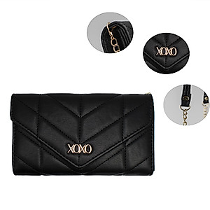 XOXO Women’s Wallet Small Black Vegan Leather Quilted Pattern Fold With Chain Crossbody Strap