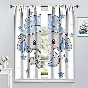 Denruny Cartoon Cute Elephant Curtain Nursery Baby Elephant with Blue Hat Windows Drapes for Nursery Room Kids Room Gifts for Boys and Girls Rod Pocket 2 Panels 63L x 21W