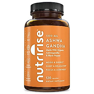 NutriRise Organic Ashwagandha Root Capsules with Black Pepper, 1300mg, Natural Stress & Mood, Thyroid, and Immune Support Supplement, Nootropic for Focus & Energy, Gluten Free, 120 Count