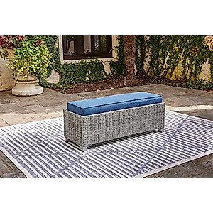 Signature Design by Ashley Naples Beach Casual Outdoor Bench with Cushion, Light Gray & Blue