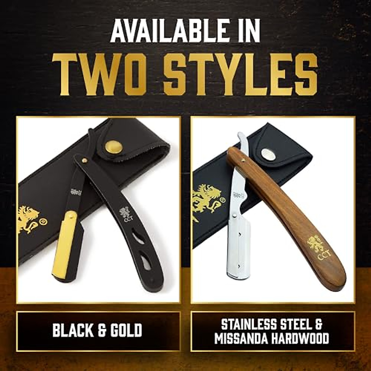 The Cambridge Cutthroat® Cut Throat Razor Kit with Travel Pouch - Black & Gold Stainless Steel Professional Barber Single Straight Edge for Men - Moustache Shaver & Beard Shaper
