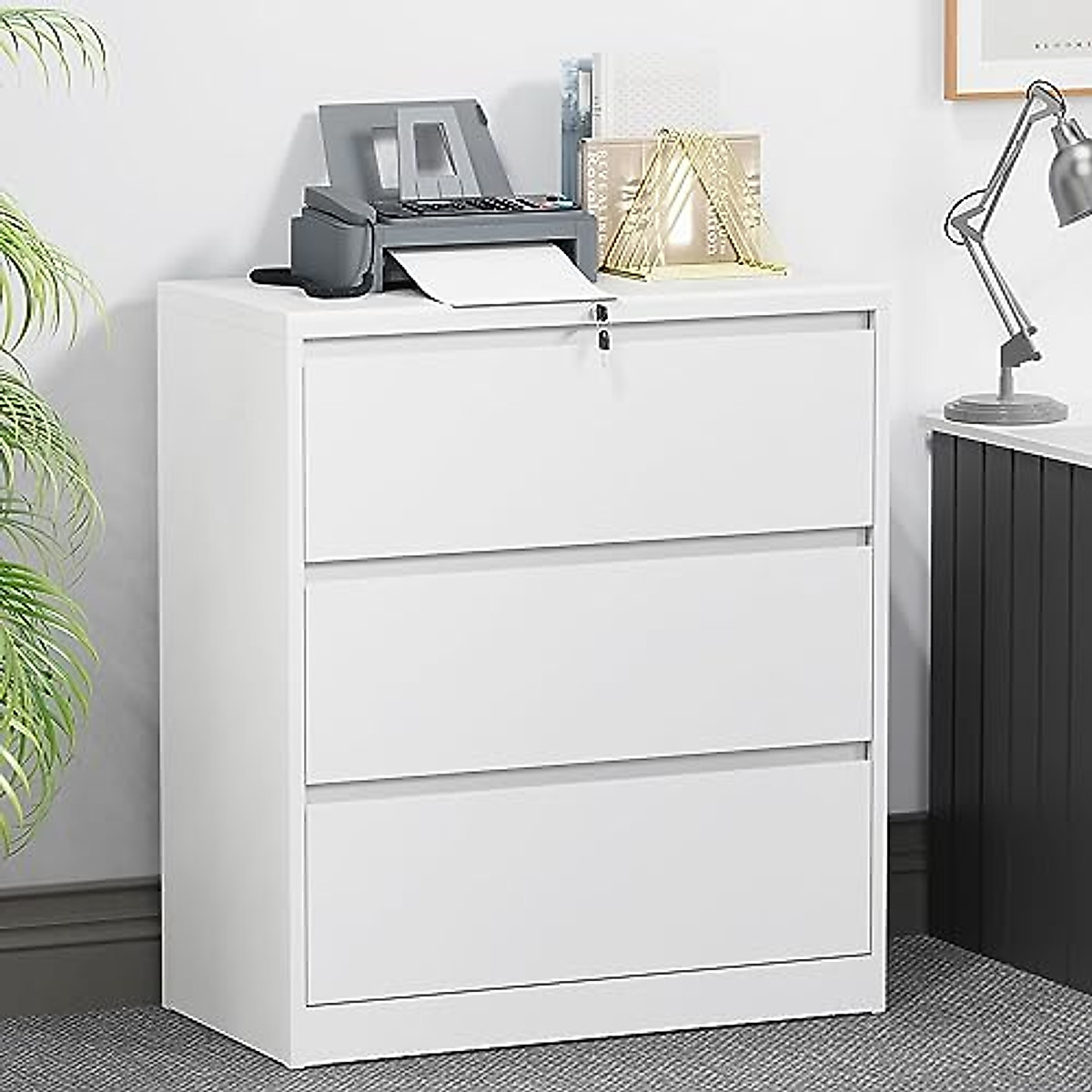 Hak Metal 3 Drawer Lateral File Cabinet with Lock, Black Office File Cabinet for Storing Legal/Letter A4 Size File, Mordent Locking Lateral Filing Cabinets for Home Office (White)
