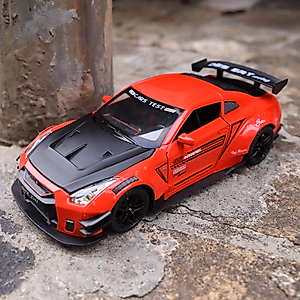 BDTCTK 1/24 Scale Compatible for Nissan GTR Model Car Toy, Zinc Alloy Pull Back Toy car with Sound and Light for Kids Boy Girl Gift (Black)