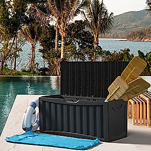 S AFSTAR 90 Gallon Deck Box, Outdoor Storage Box with Lockable Lid, 2 Built-in Wheels, Side Handrail, All Weather Weatherproof Resin Deck Box for Patio Cushions, Pool Supplies, Gardening Tools, Black