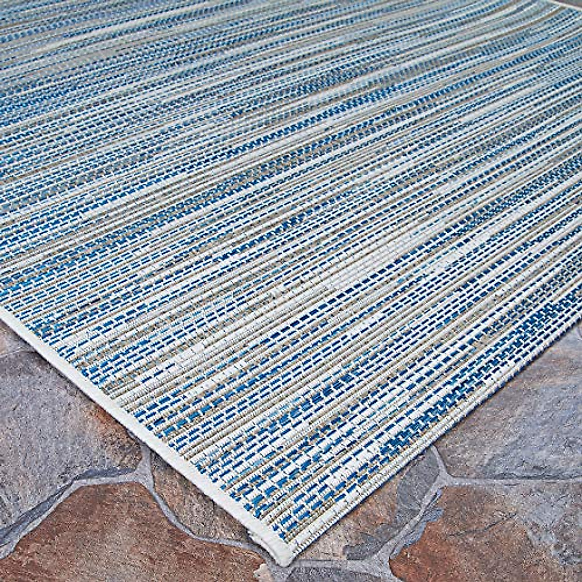 Couristan Monte Carlo Coastal Breeze Ocean Blue- Champagne Indoor/Outdoor Area Rug, 5'10" x 9'2"