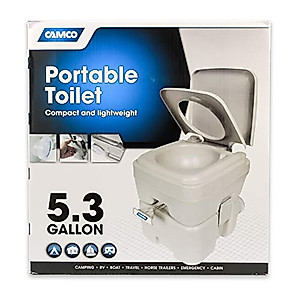 Camco Portable Toilet | Ideal for Camping, RVing, Boating, Road Trips and Other Recreational Activities | 5.3 Gallons, Gray (41541)