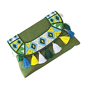 Women Boho Envelope Purse, Evening Bag, Shoulder Bag, Cross-body Bag With Handmade Beaded Pattern & Detachable Shoulder Chain (Green)