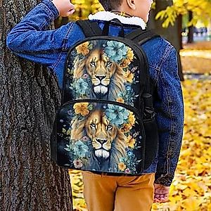 Pinupub 3 In 1 Kids Backpack Set Blue Lion Flowers Print 17 Inch Large Elementary School Bag With Lunch Bag And Pen Bag