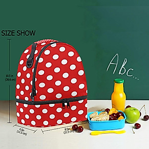 Naanle Red White Polka Dot Double Decker Insulated Lunch Box Bag Waterproof Leakproof Cooler Thermal Tote Bag Large for Men Women
