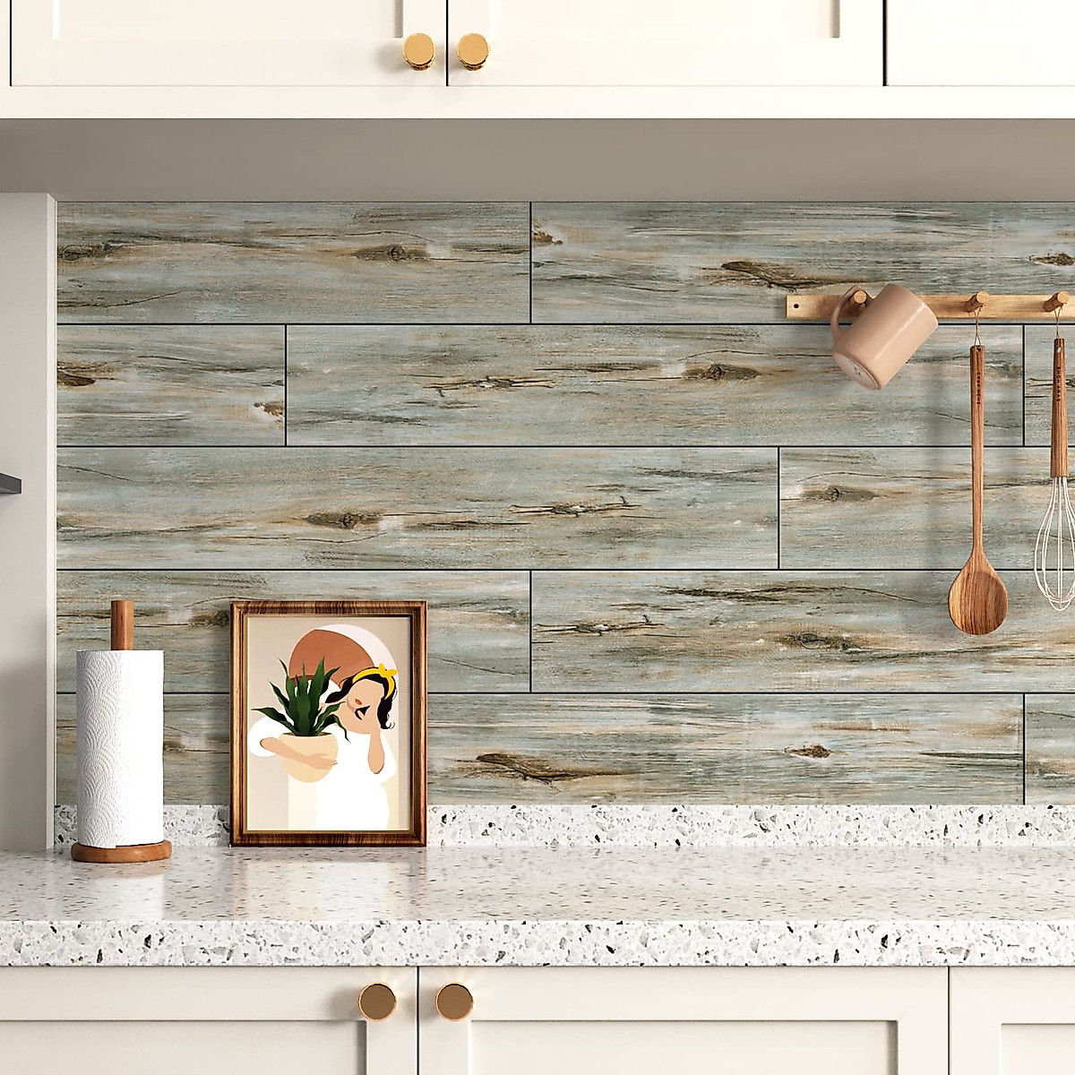 Wallercity 4-Tiles Waterproof Light Brown Vinyl Flooring Peel and Stick Flooring for Bathroom Kitchen Laminate Flooring Stick on Floor Tiles Removable Sticky Tiles Peel and Stick Floor Tile 36" x 6"