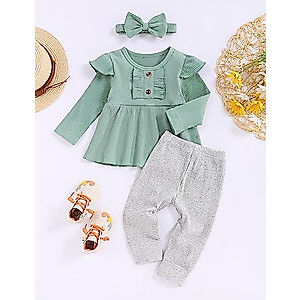 Okgirl Toddler Girl Clothes Cute Crewneck Long Sleeve Green Tops Grey Pants with Headband 3Pcs Outfits Fall Baby Girl Clothes 12-18M