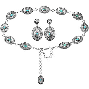 Kenning Turquoise Concho Chain Belt Metal Western Waist Belts for Women Boho Belt 1.2 x 2 Inch Turquoise Drop Statement Post Earrings(Green Turquoise,Retro Style)