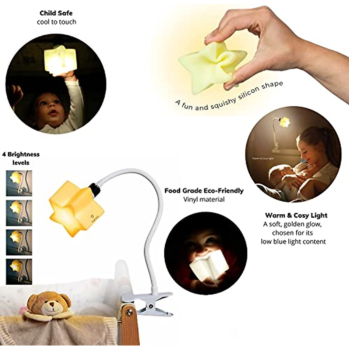 Ergojojo LED Clip On Star Light, Warm & Dimmable Desk Light, , Reading Night lamp Newborn Essential for Bedside Bassinet, Nursery Decor, Ideal Baby Gift for Kids