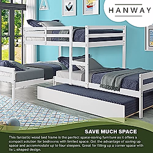 Hanway L-Shaped Bunk Bed with Trundle – Solid Pine Wood Material –– Easy to Assemble Plan Providing Unique Bedroom Setting for Small Living Spaces – Trendy Design Combined with a White Paint Coating