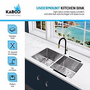 KABCO 18 Gauge 31 Inch Double Bowl Undermount Stainless Steel Kitchen Sink with 4 Pieces Sink Accessories, Rust Resistant Sound and Heatproof Laser Cut Tight Radius Sink for Indoor or Outdoor Kitchens
