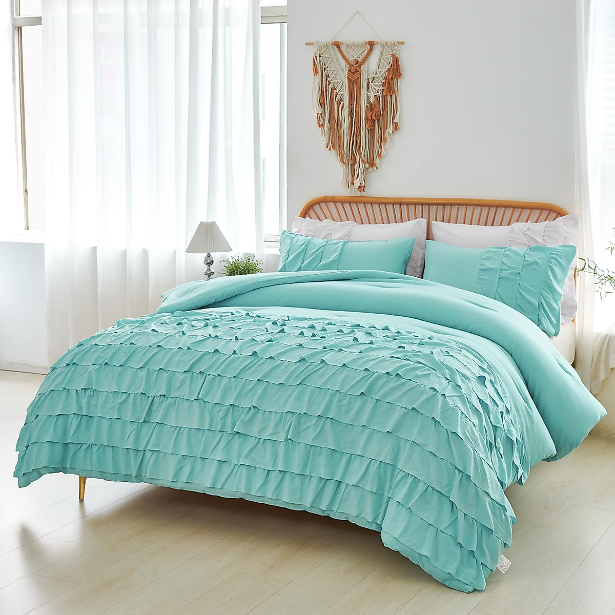 PERFEMET Teal Boho Full Size Bedding Sets for Girls, Multi Layers Ruffle Kids Comforter Set, Washed Microfiber Princess Bed Set, Farmhouse Fluffy Boho Preppy Bedding Set (Teal,Full)