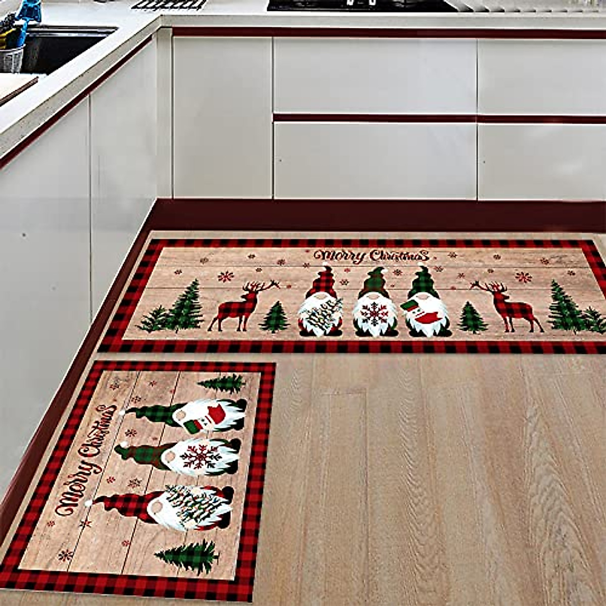 2 Piece Gnome Kitchen Rug Set Merry Christmas Indoor Floor Mats for Winter, Xmas Door Mat Runner Rug Carpet Mat for Kitchen Home Decor (15.7" x 23.6"+15.7" x 47.2") - Snowflake Tree Retro Wooden Board