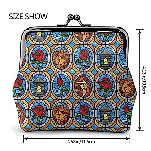 Beauty and Beast Fairytale Glass Women's Leather Coin Purse, Small Change Pouch with Kiss-Lock Clasp Closure Buckle Wallet for Girl Gift
