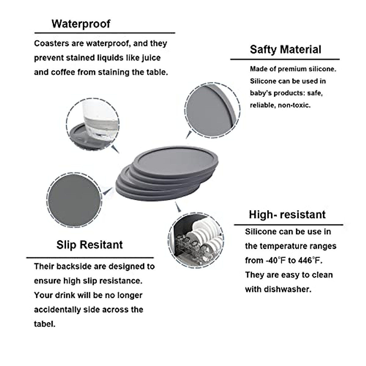 Silicone Drink Coasters by Cilnizriy, Heat Resistant, Soft Coaster for Tabletope Protection, Furniture from Damage (Grey, 6)