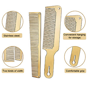 2 Pieces Metal Comb Set Metal Barber Comb Stainless Steel Blending Comb Fine Styling Cutting Comb Flat Top Clipper Comb Metal Detangling Comb for Men Women Salon, 2 Styles (Gold)